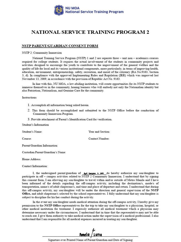 NSTP 2 Consent Form Instructions | PDF
