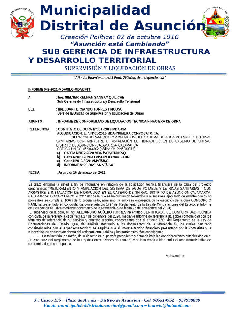 Informe N°48 Conformidad Liquidacion Obra Shirac | PDF