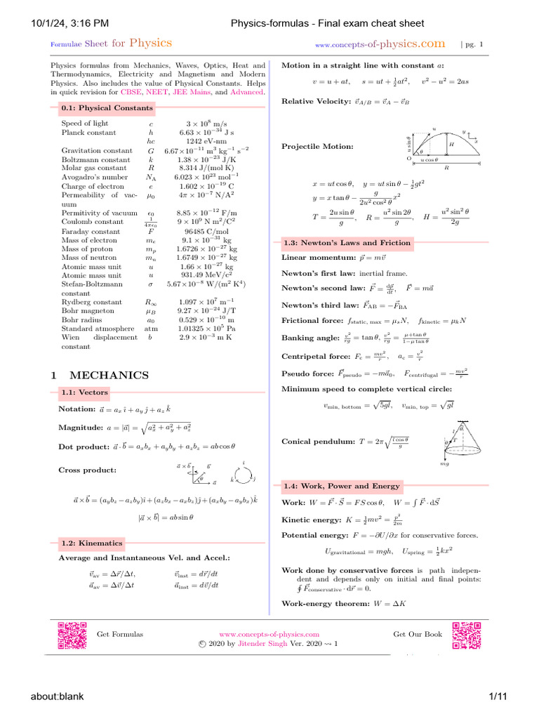 Physics-Formulas - Final Exam Cheat Sheet | PDF | Waves | Force