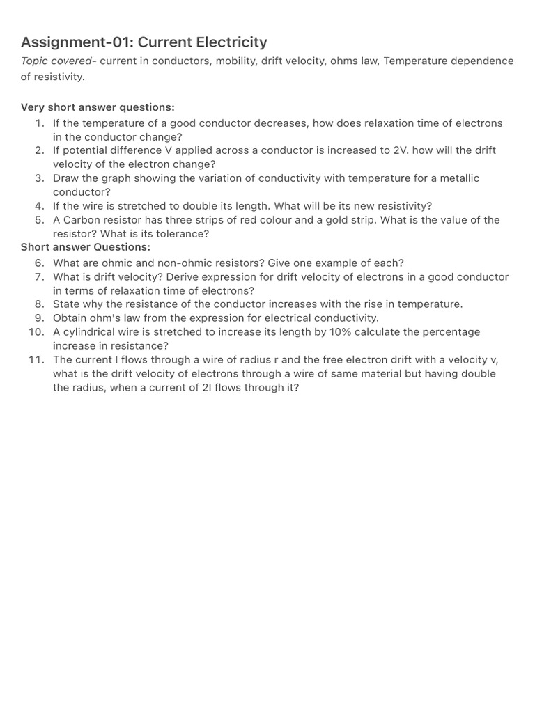 Assignment-01 - Current Electricity | PDF