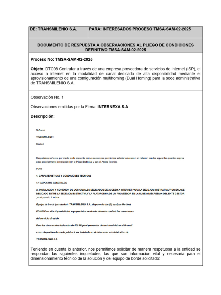 Respuestas Observaciones Tmsa Sam 02 2025 | PDF | Internet | Computación en la nube