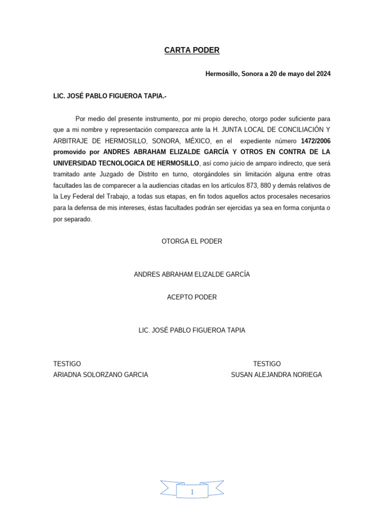 Carta Poder para Juicio Laboral en Hermosillo | PDF