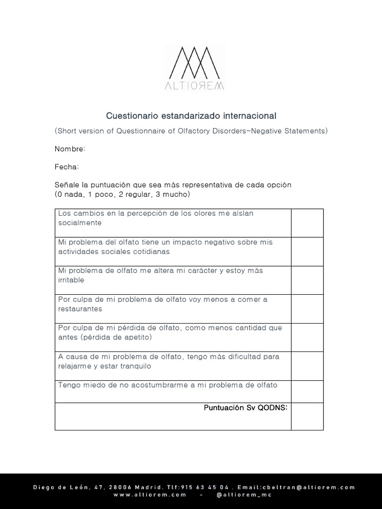 Cuestionario Olfactory Disorders Negative Statements Altiorem | PDF