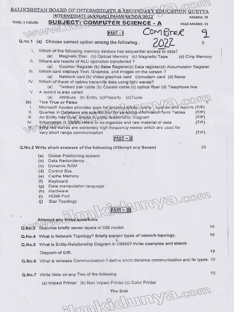 Past Papers 2022 Quetta Board FSC Part 1 Computer Science | PDF