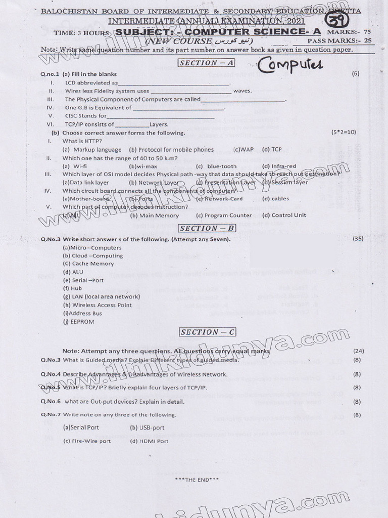 Past Paper 2021 Quetta Board Inter Part I Computer | PDF