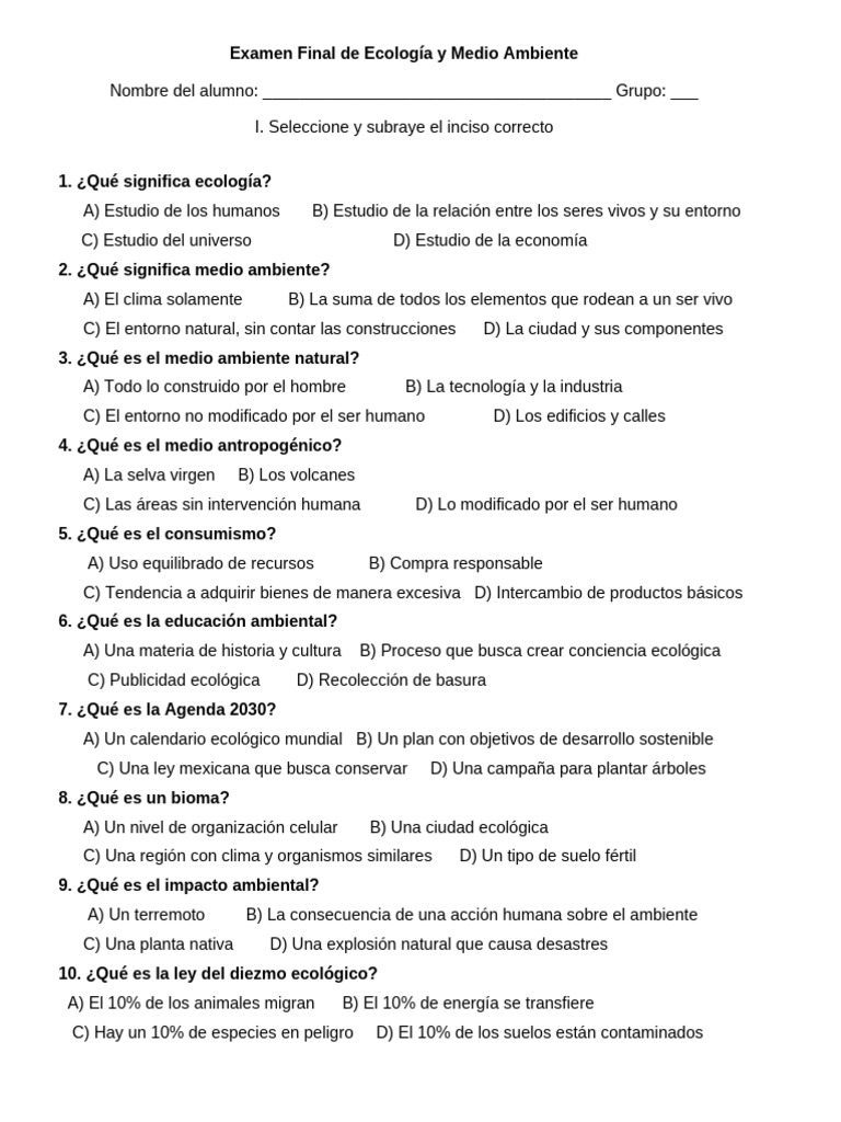 Examen Final de Ecología y Medio Ambiente | PDF | Entorno natural ...