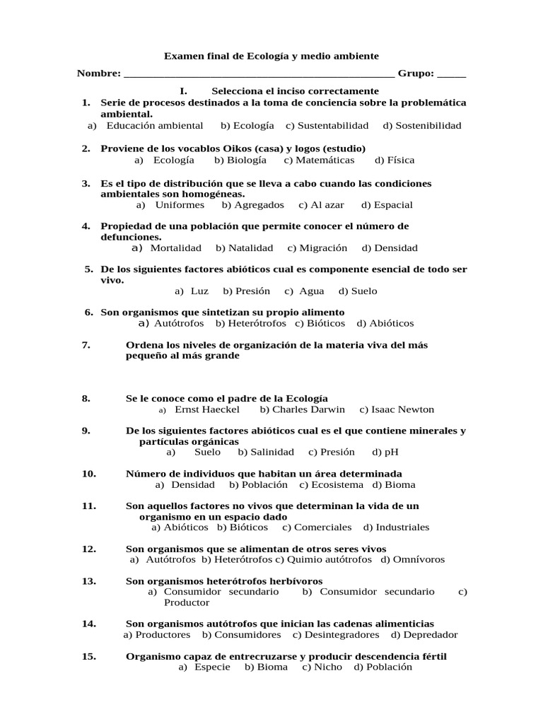 Examen Final de Ecología y Medio Ambiente | PDF