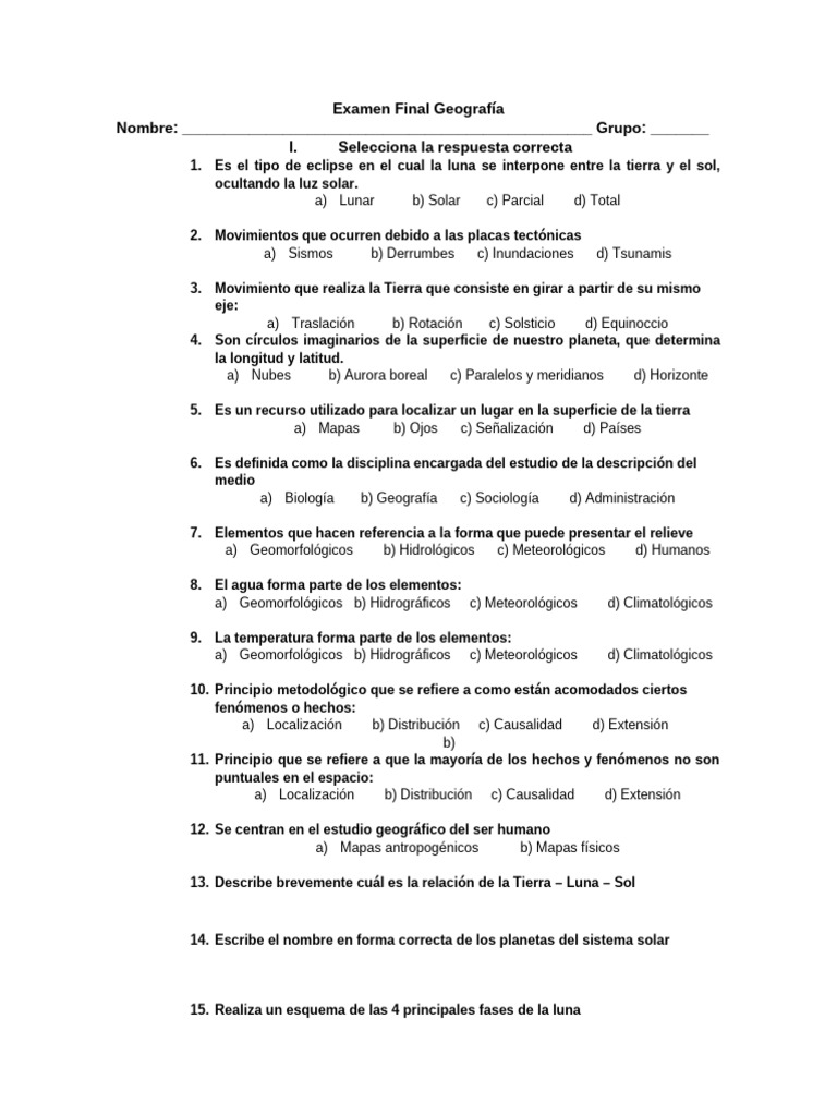 Examen Final de Geografía: Preguntas Clave | PDF | Tierra | Luna