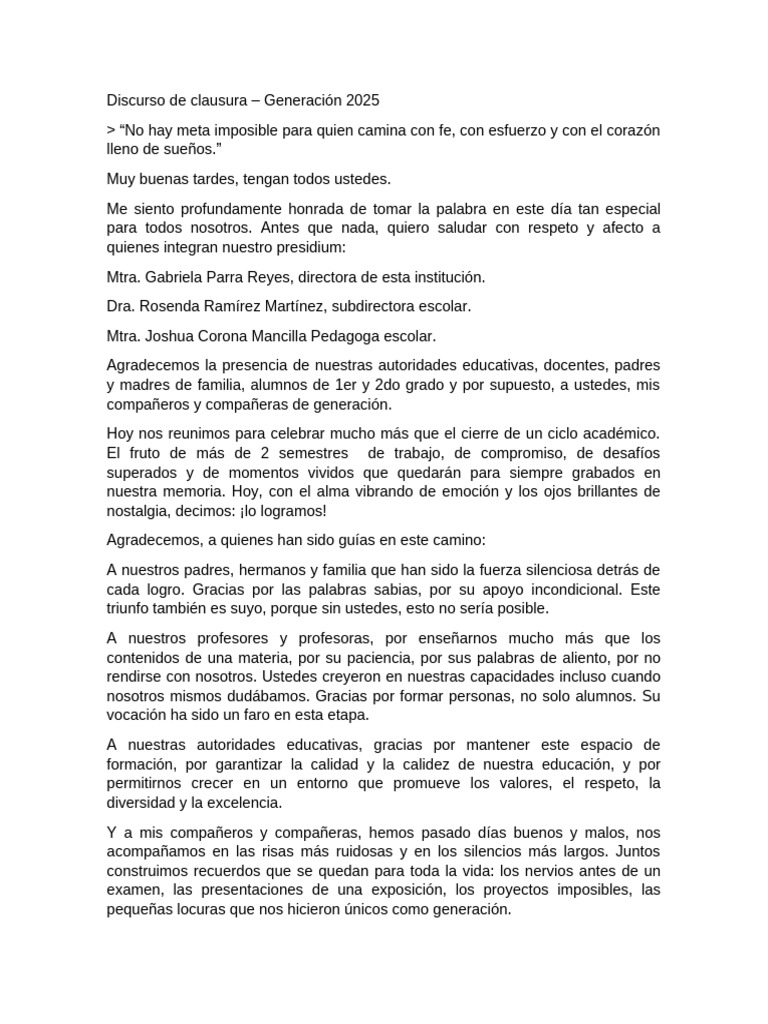 Discurso de Clausura Eunice Renovado | PDF
