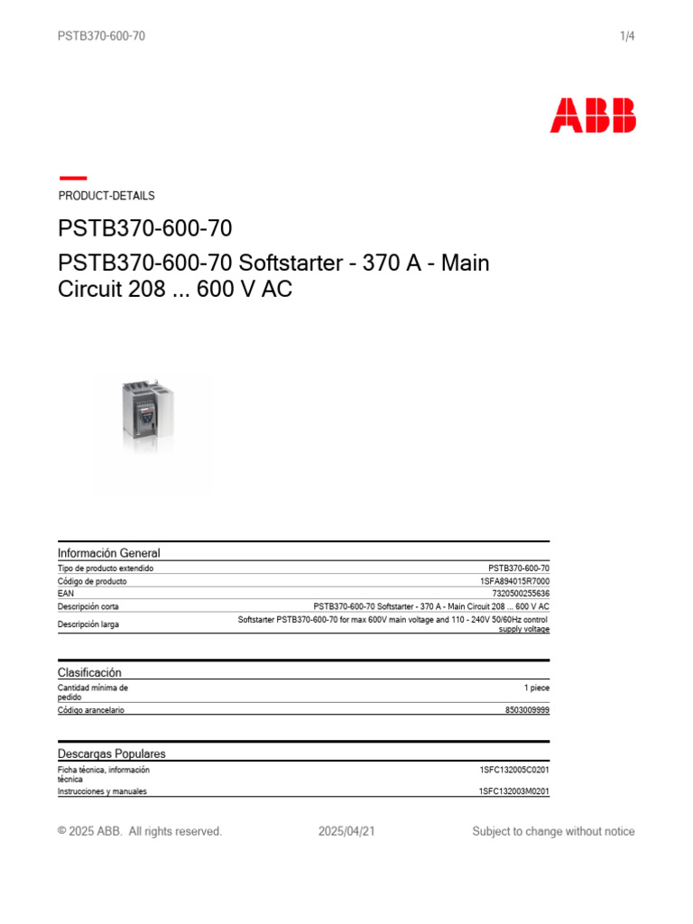 Arranque Suave Abb Pstb370-600-70 1sfa894015r7000 | PDF | Relé | Electromagnetismo