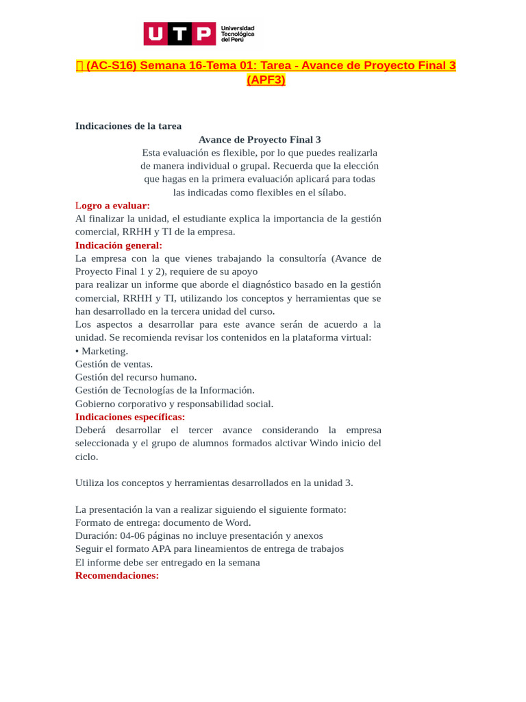 ? (AC-S16) Semana 16-Tema 01 Tarea - Avance de Proyecto Final 3 (APF3) (ADMINISTRACION Y ...