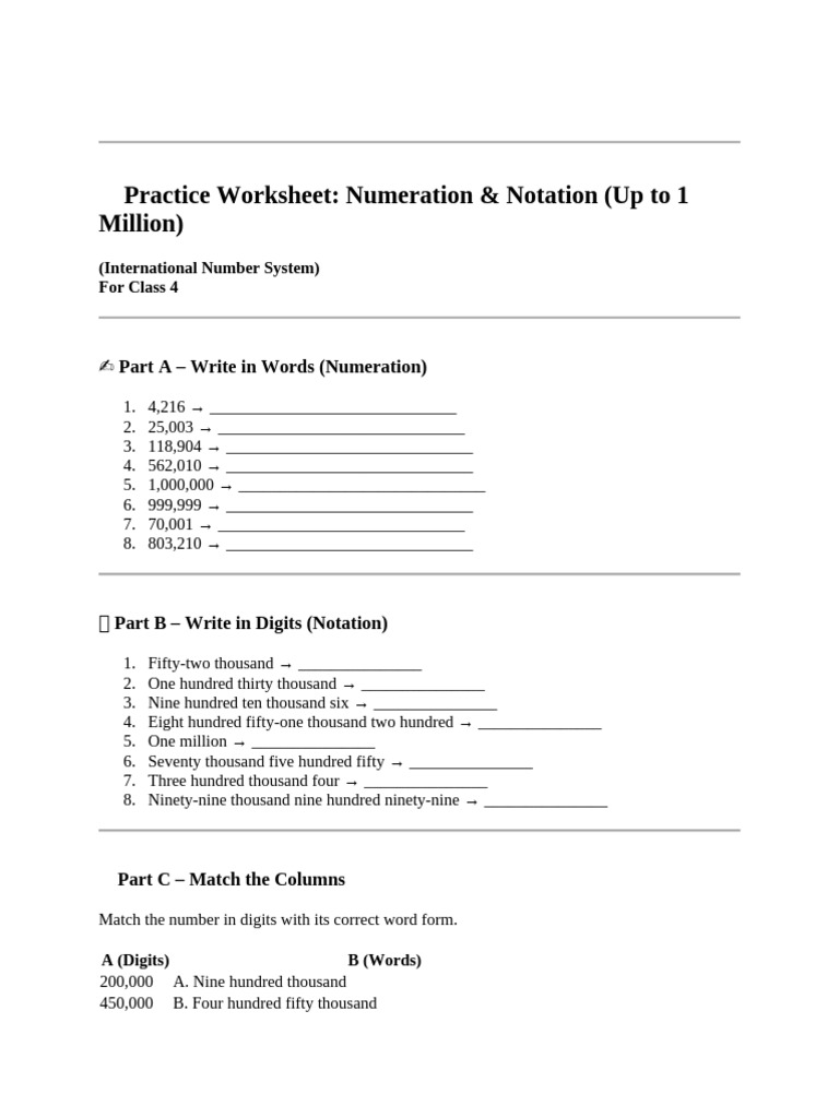 Practice Worksheet - Numeration and Notation | PDF | Chess Theory | Chess