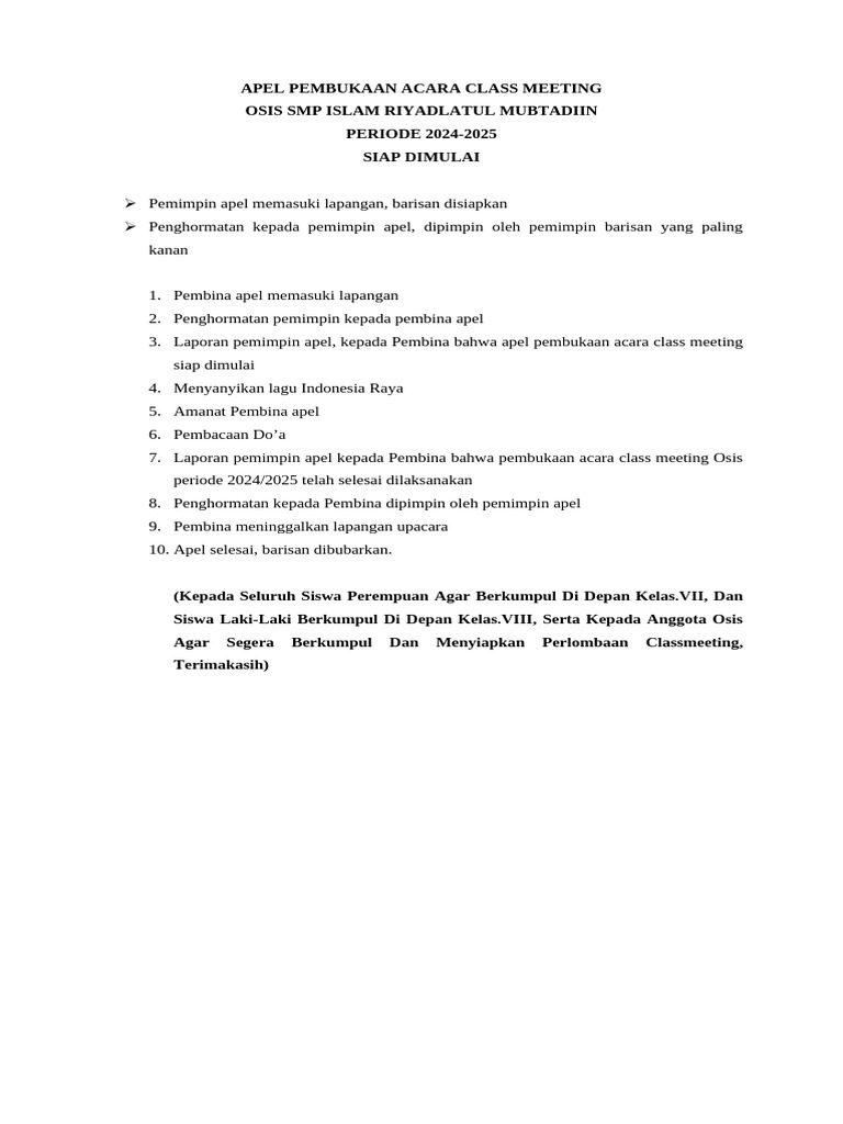 Susunan Acara Class Meeting | PDF