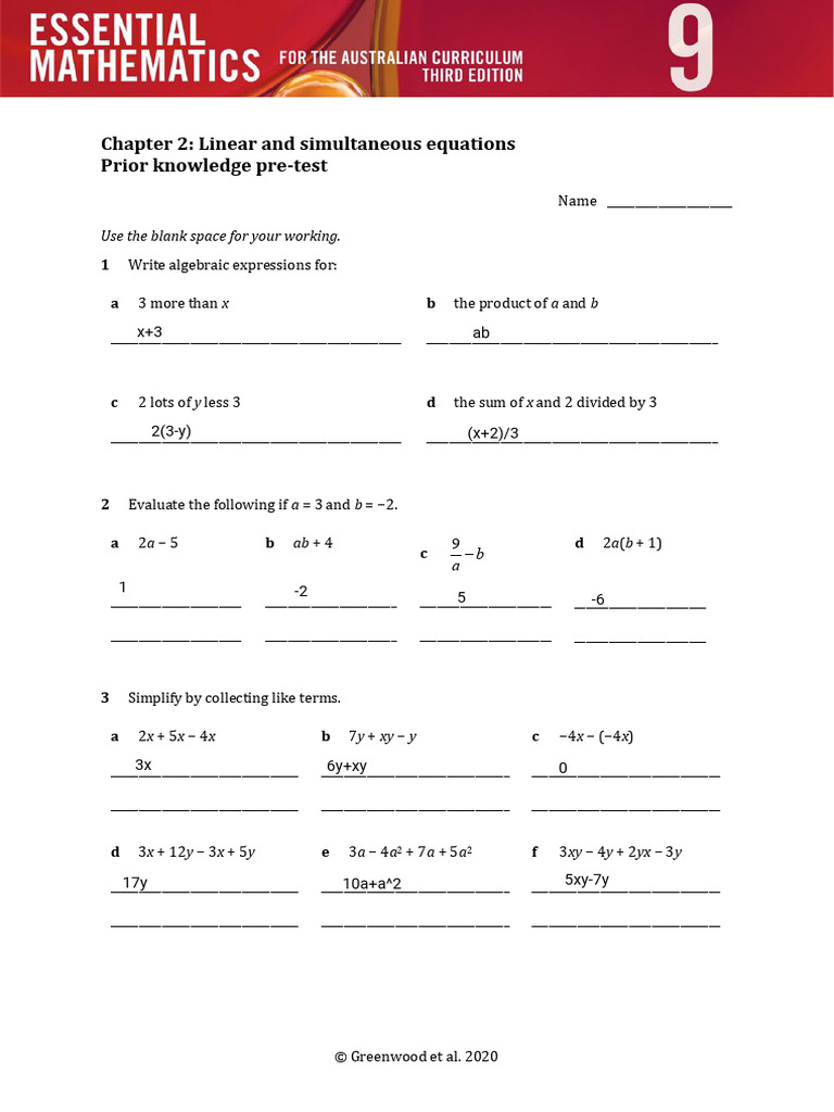 Chapter 2 Prior Knowledge Pretest | PDF | Mathematics | Algebra