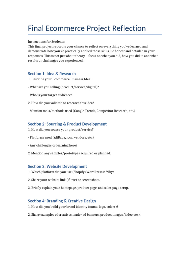 Final Ecommerce Project Reflection Template | PDF