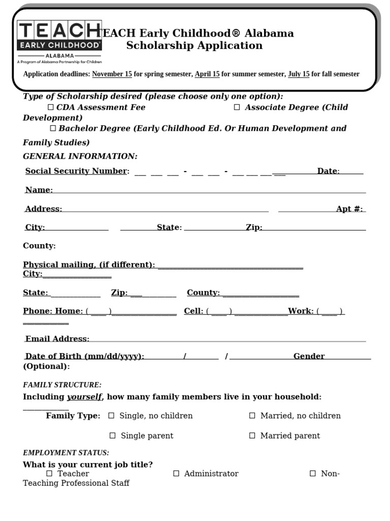 TEACH Early Childhood Alabama Scholarship Application | PDF | Child ...
