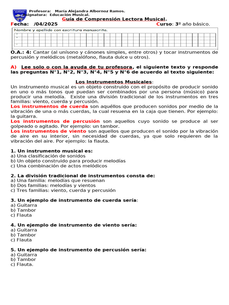 Guía Comprensión Lectora Musical 3º | PDF | Instrumentos musicales ...