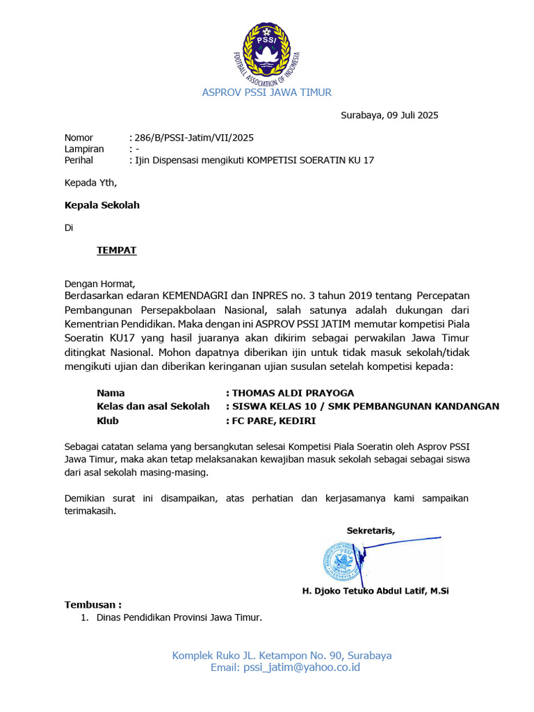 Surat Dispensasi Piala Soeratin U17 Thomas Aldi Prayoga | PDF