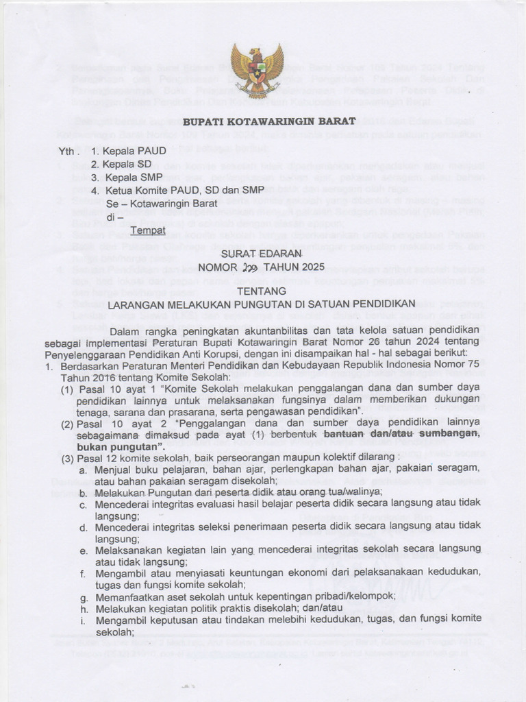 Surat Edaran Larangan Melakukan Pungutan Di Satuan Pendidikan | PDF