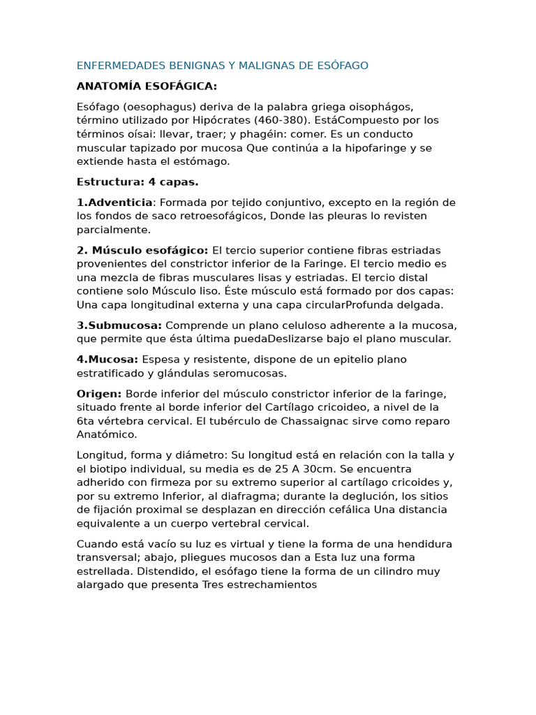 Anatomía Esofágica:: Enfermedades Benignas Y Malignas de Esófago | PDF