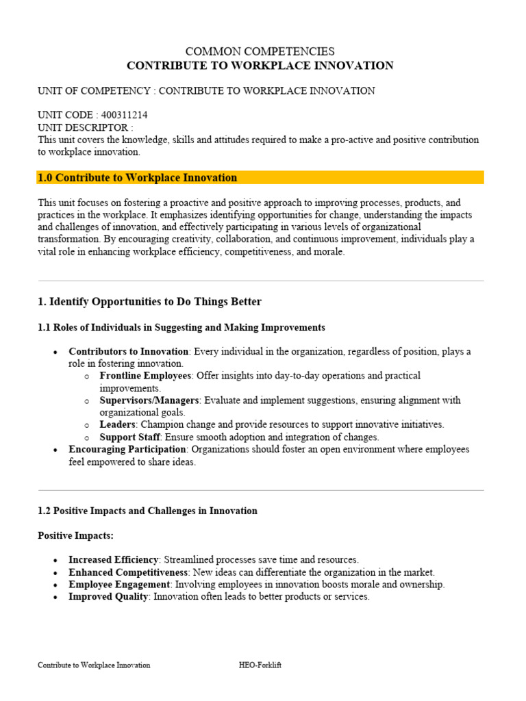 BASIC COMPETENCIES-Contribute To Workplace Innovation | PDF ...