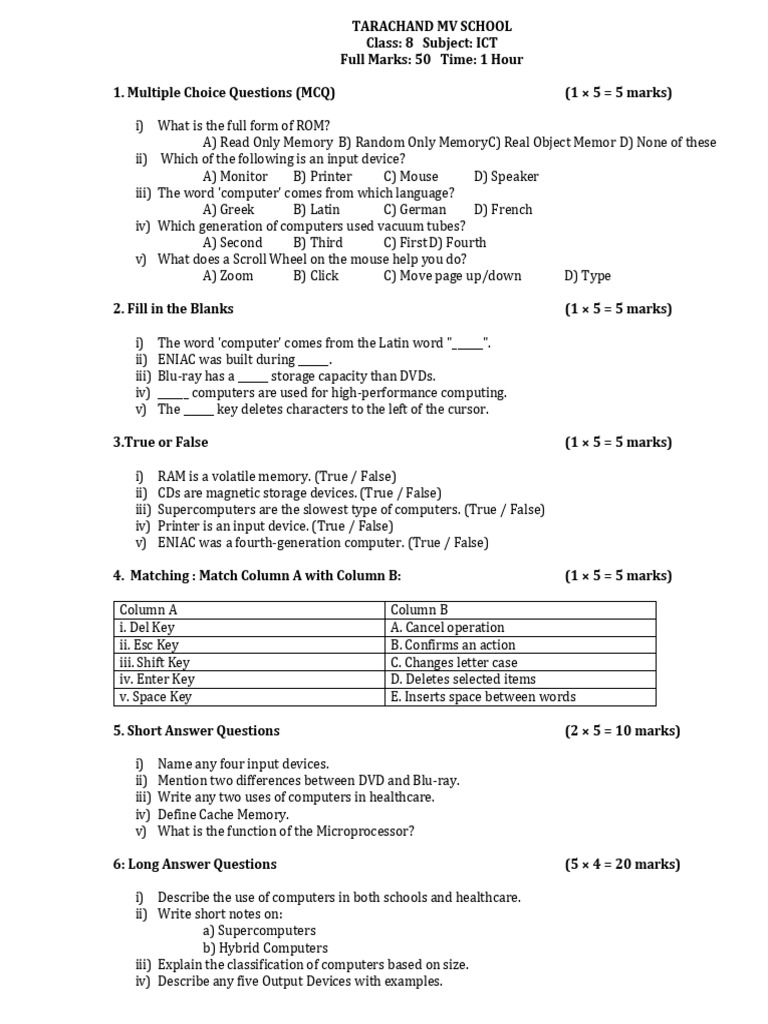 CLASS 8 FA 1 Computer - 50 - Marks - Question - Paperfdsf | PDF | Computer Memory | Random ...