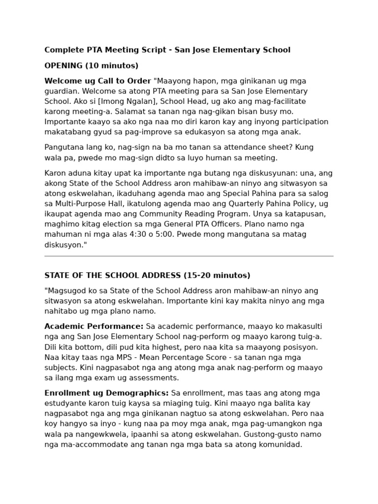 Complete PTA Meeting Script | PDF