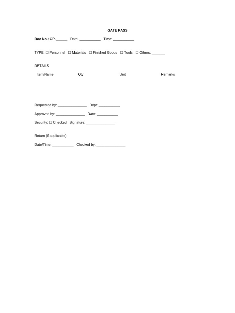 Small Gate Pass Format | PDF