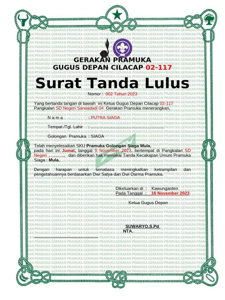 Surat Tanda Lulus Pramuka Siaga Mula | PDF