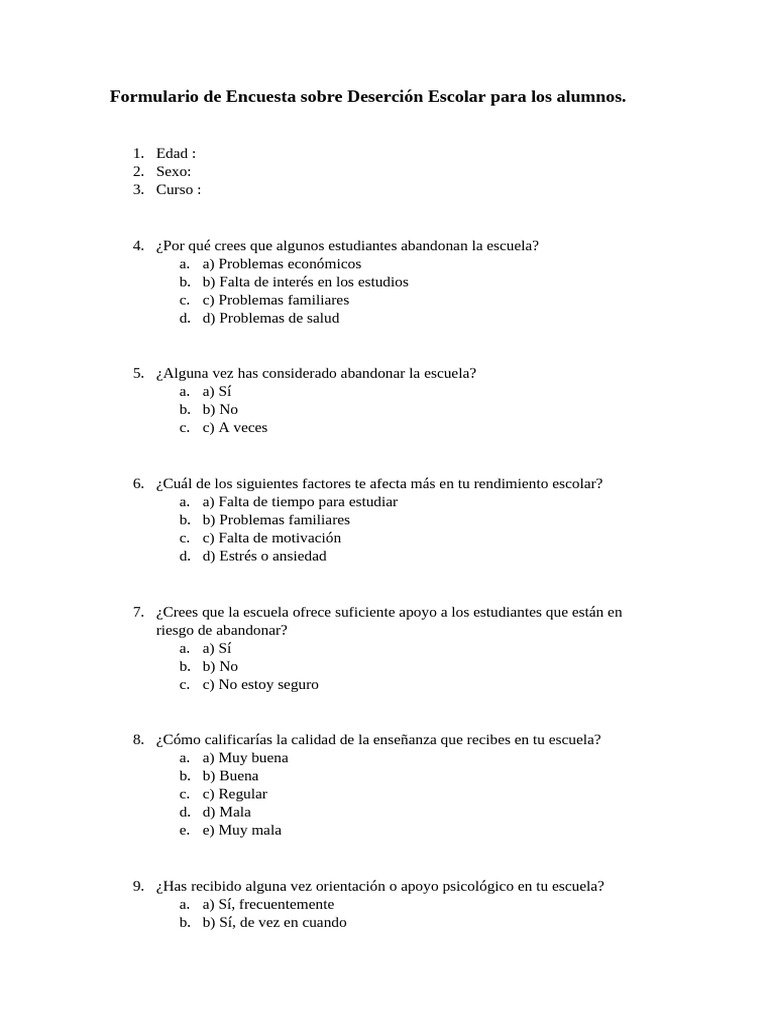Encuesta sobre Deserción Escolar | PDF | Escuelas | Sicología