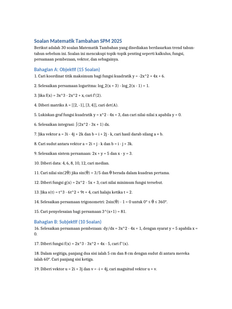 Soalan Matematik Tambahan SPM 2025 | PDF