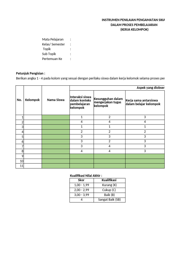 Blanko Penilaian Sikap | PDF