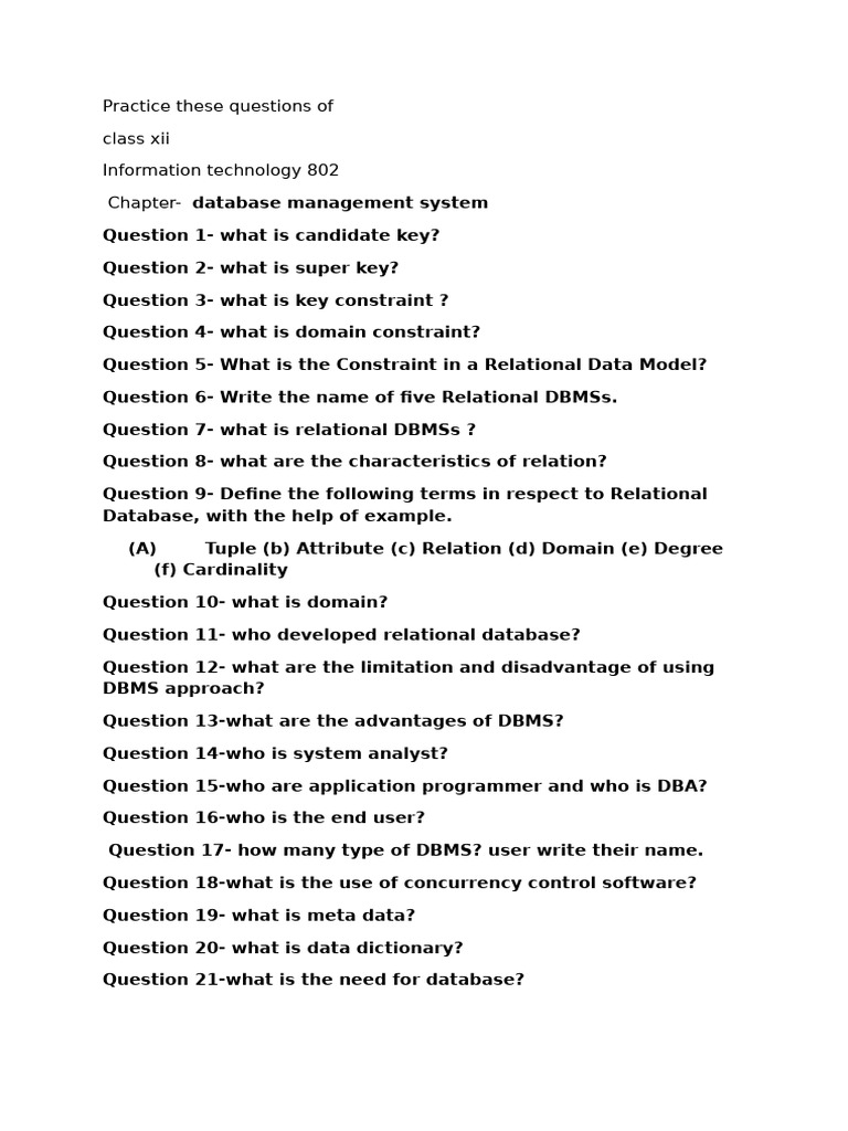 Practice These Questions of Class Xii Information Technology 802 Chapter | PDF