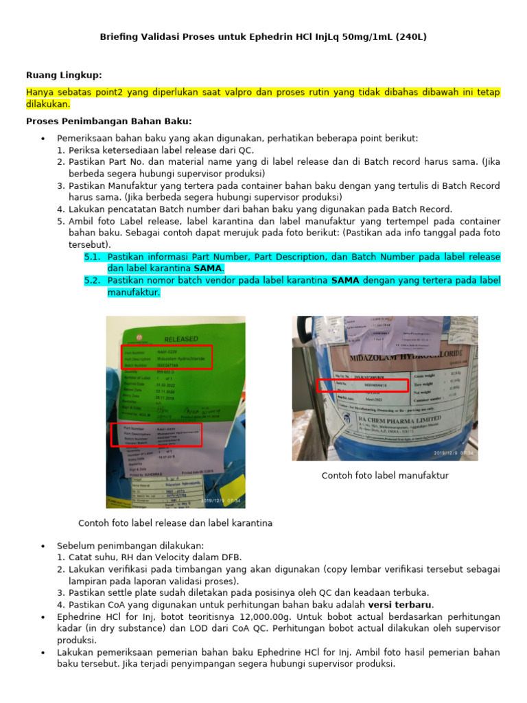 Validasi Proses Ephedrin HCl Inj 50mg | PDF