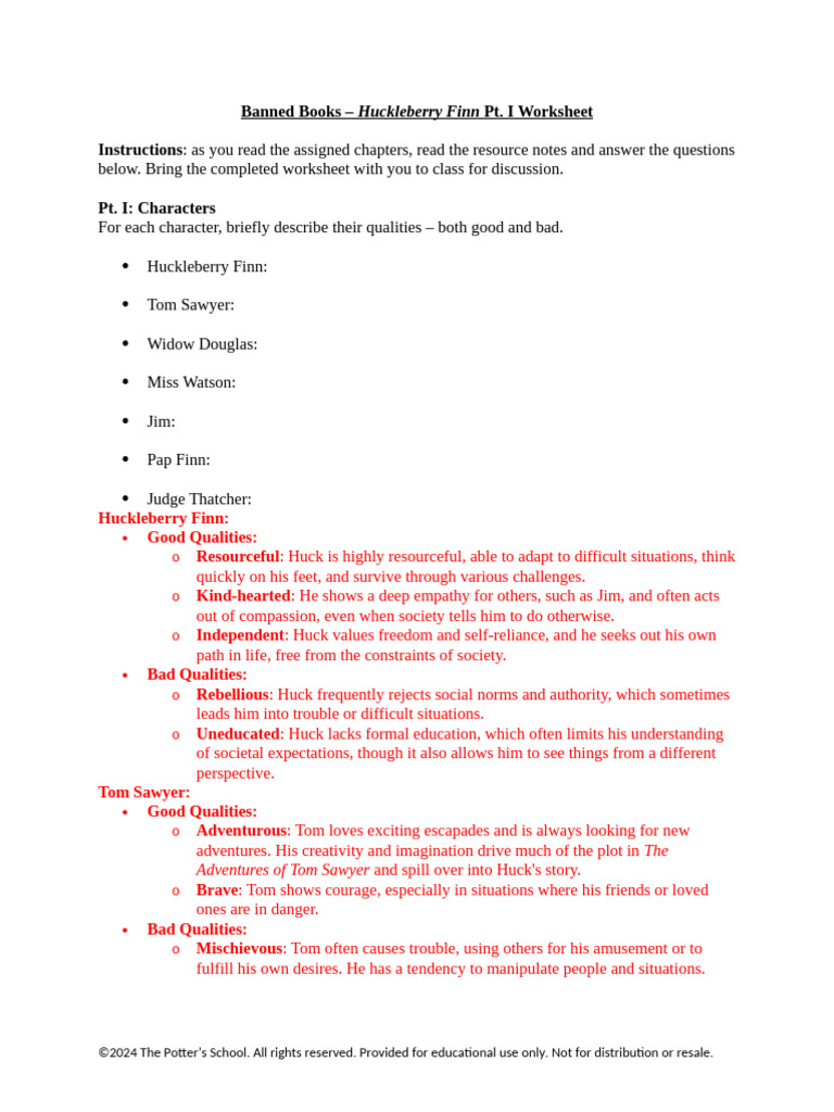 Huck Finn PT I Worksheet | PDF | Huckleberry Finn