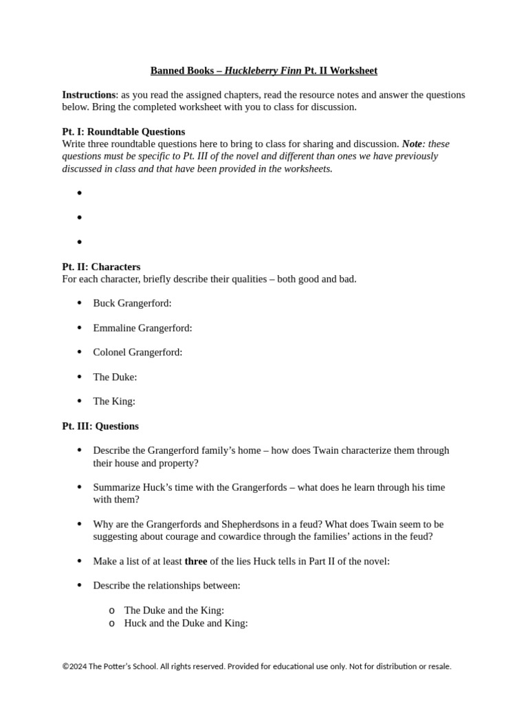 Huck Finn PT II Worksheet | PDF | Huckleberry Finn