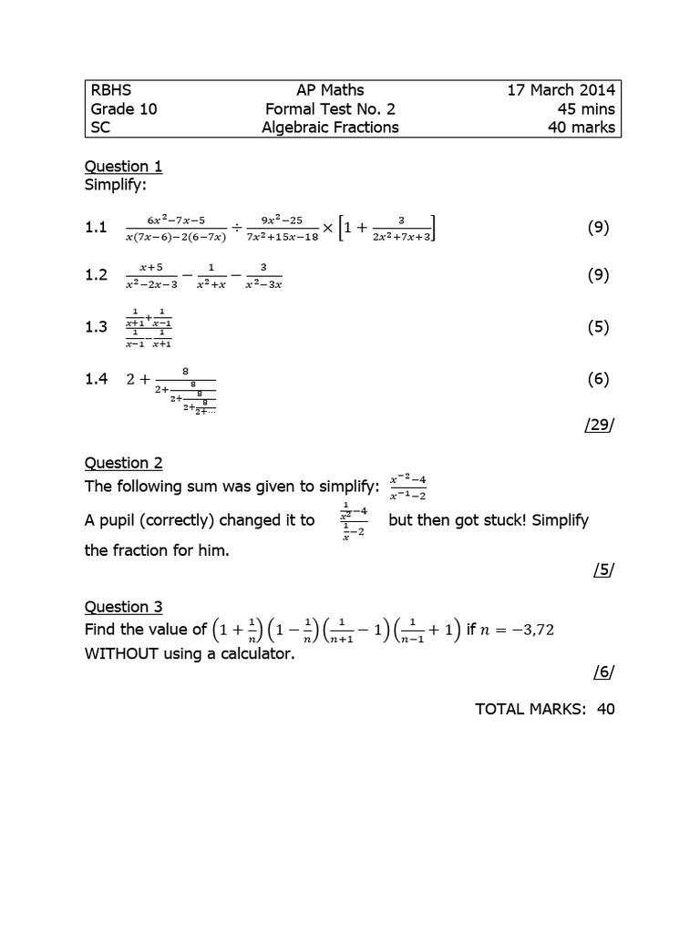 FT 2 - Algebraic Fractions | PDF