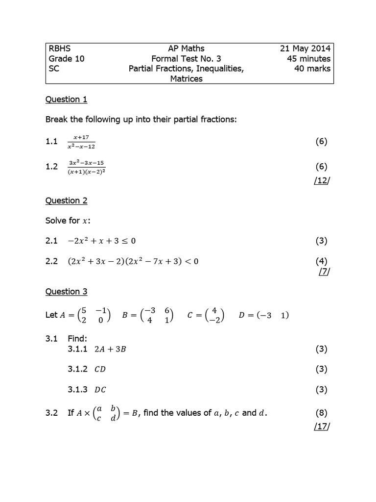 FT 3 - Partial Fractions, Inequalities and Matrices | PDF