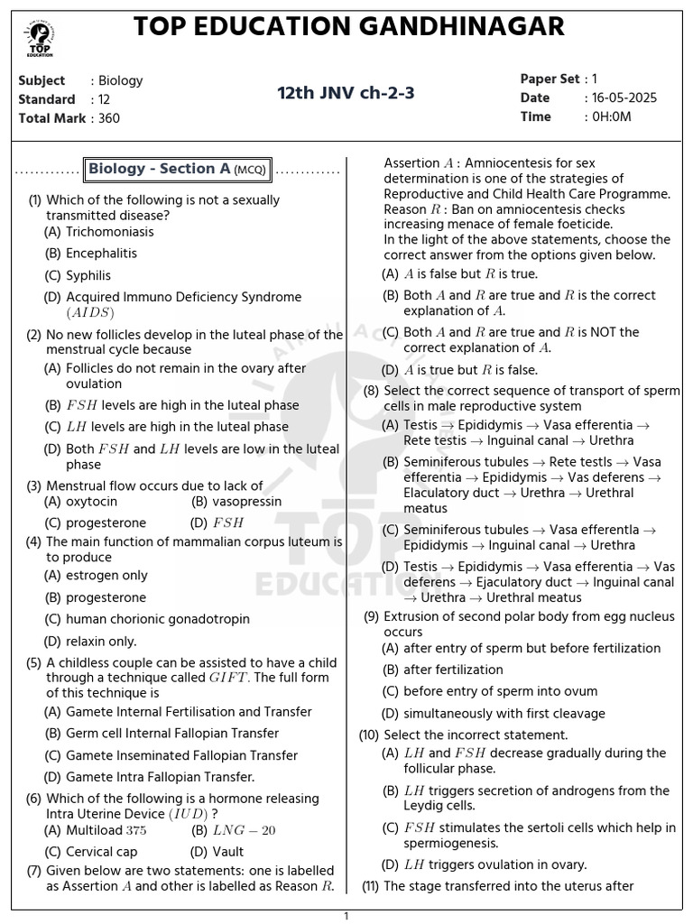 12th JNV ch-2-3 1747361308 | PDF | Fertilisation | Menstrual Cycle