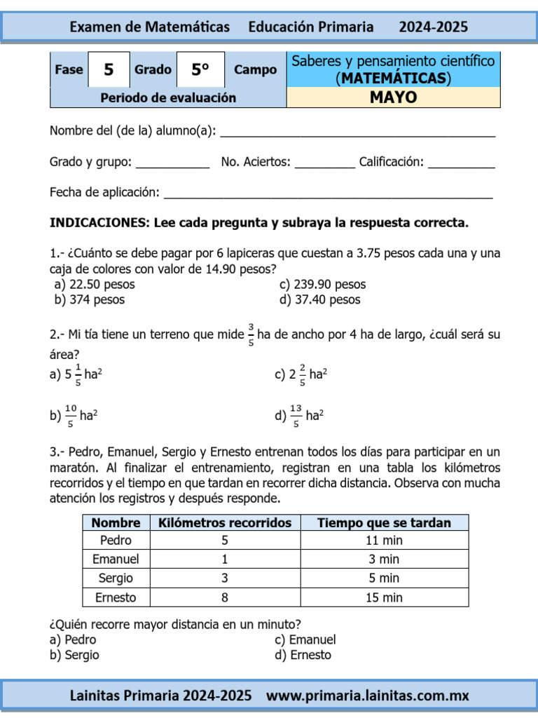 Examen de Matemáticas 5° Primaria 2024-2025 | PDF | División ...