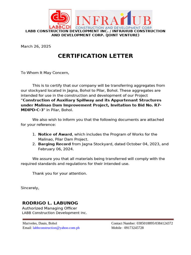 Certification Letter - Transfer of Aggregates | PDF