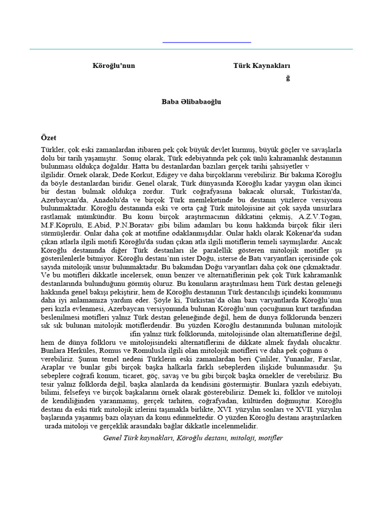 Köroğlu'nun Mitolojik Motiflerinin Genel Türk Kaynakları General ...