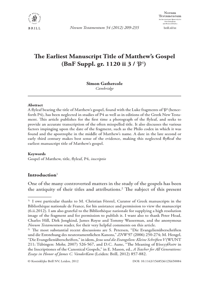 Earliest Title of Matthew's Gospel Manuscript | PDF | Codex | Palaeography