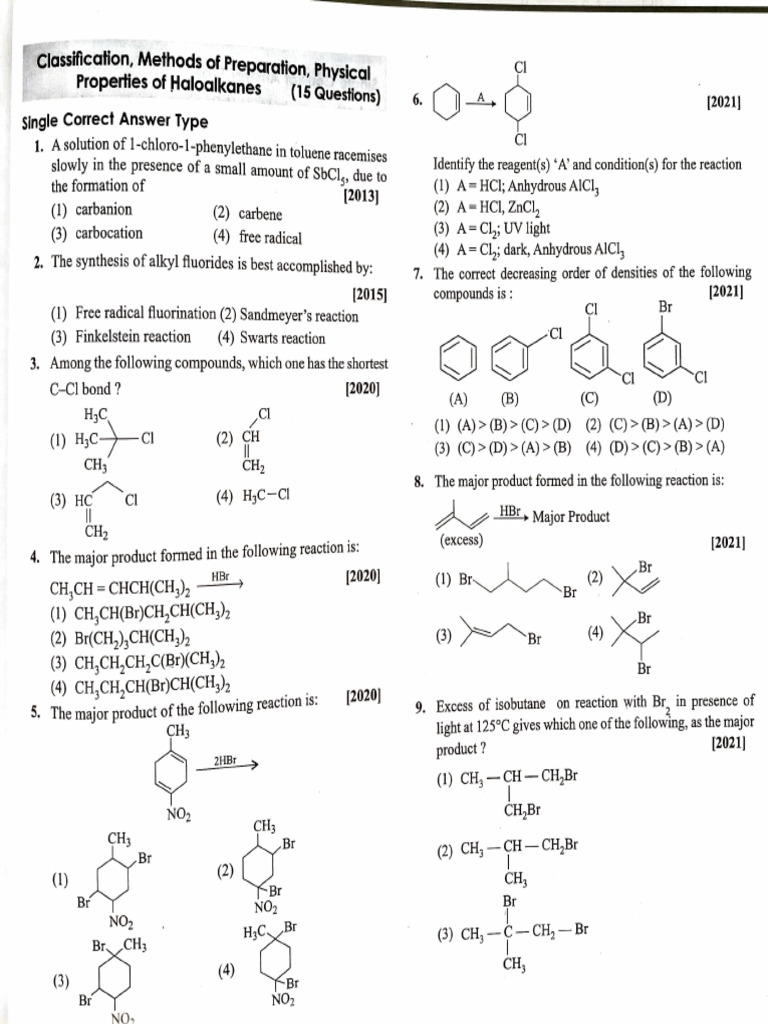 Haloalkanes and Haloarenes Preparation Methods Practice Class 12 | PDF | Chemical Reactions ...