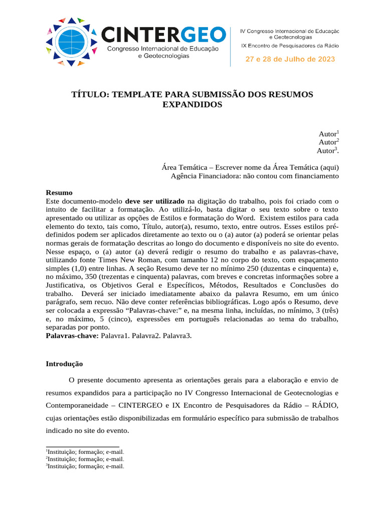 Template de Resumo Expandido 2023 | PDF | Abstract (resumo)