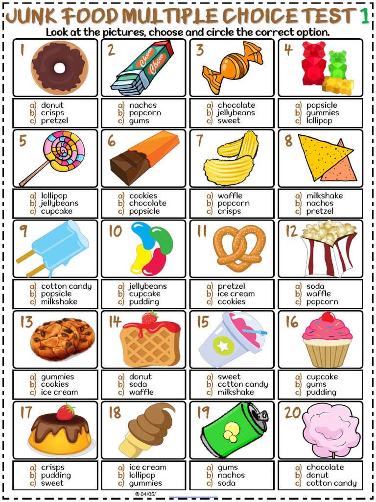Junk Food Vocabulary Esl Multiple Choice Tests For Kids | PDF | Foods ...