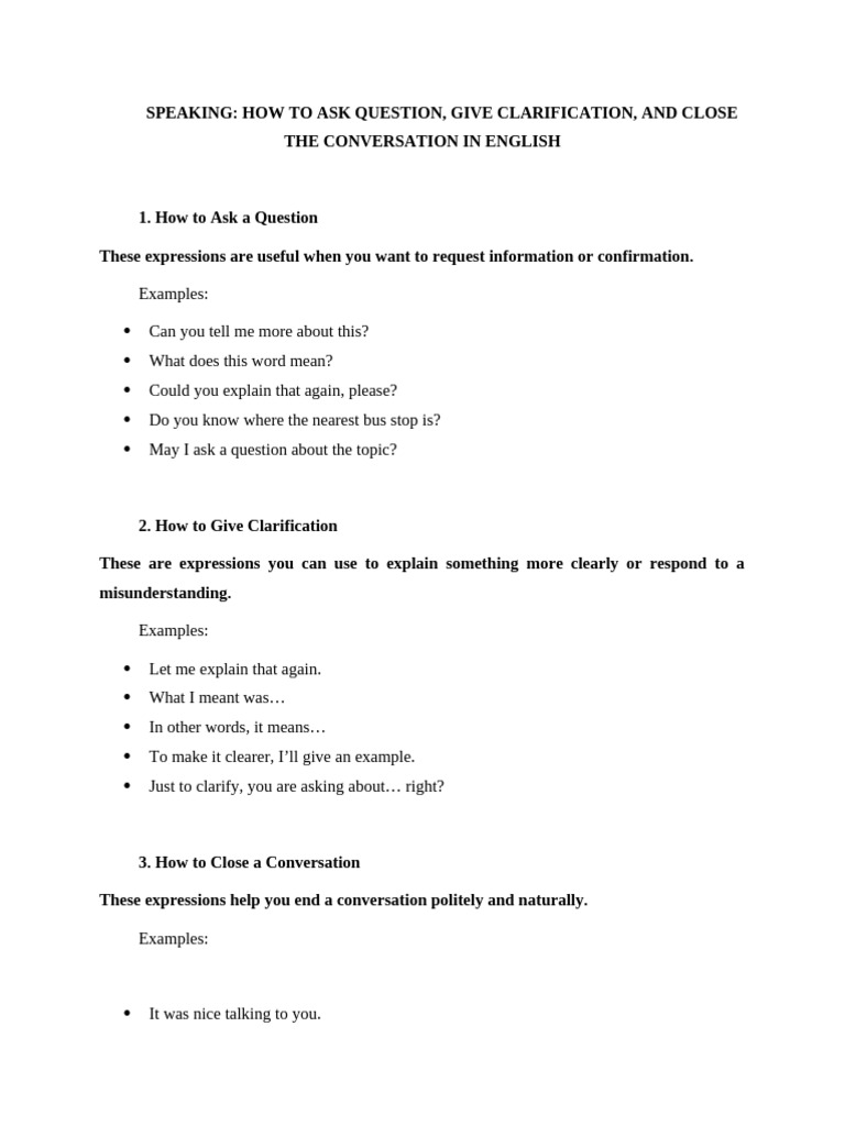 SPEAKING and TASK How To Ask Question, Give Clarification, and Close ...