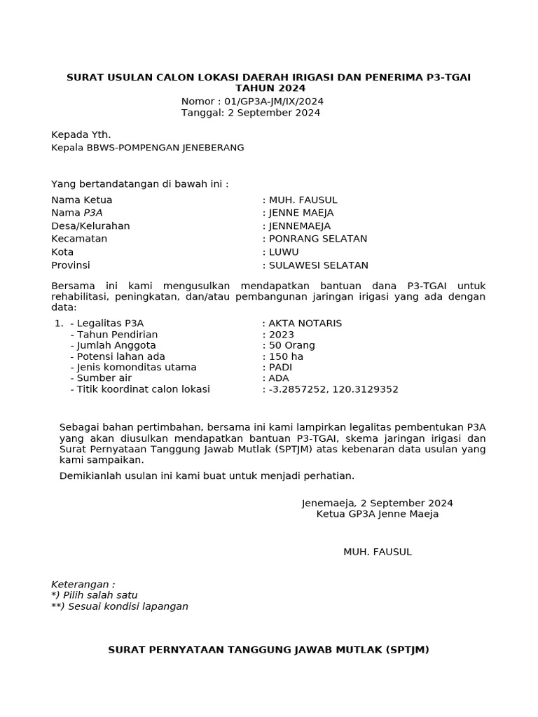 Contoh Surat Usulan P3-TGAI-1 | PDF