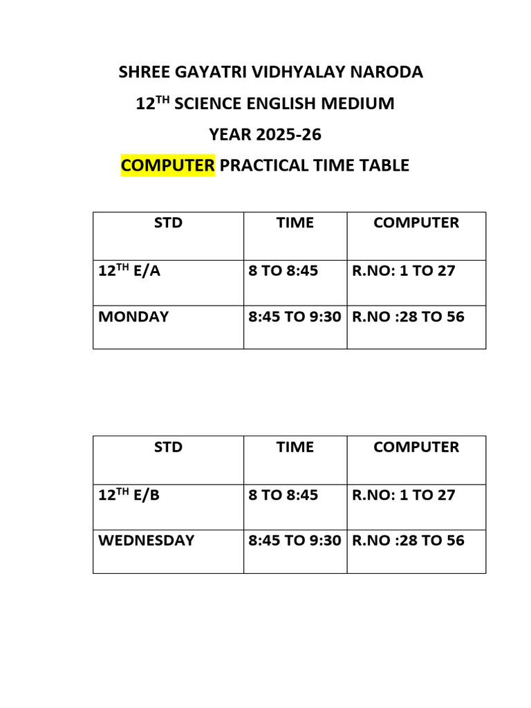 12th Computer Prectical Time Table 2025-26 | PDF