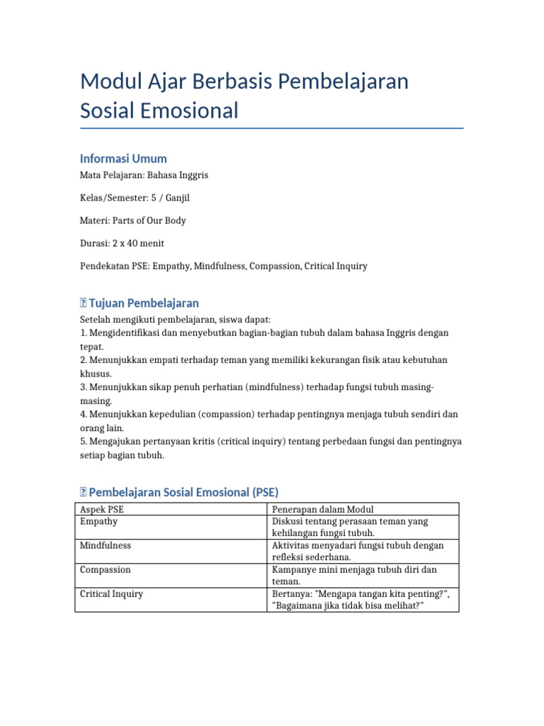 Modul Ajar Parts of Our Body Kelas5 | PDF